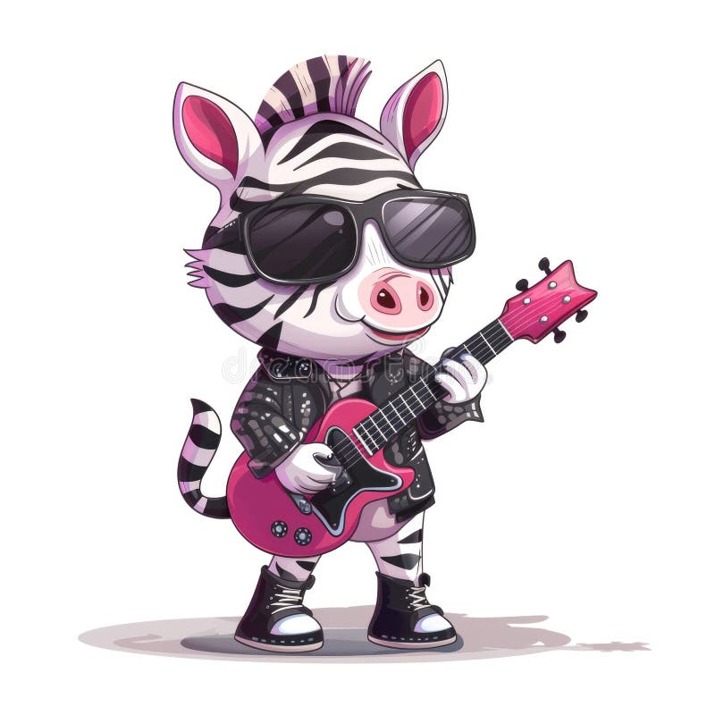 Cool Rocking Zebra with Guitar in Leather Jacket and Sunglasses Stock ...