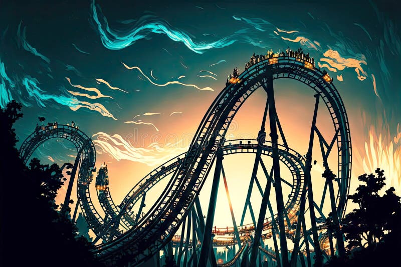 Cool Roller Coaster in Amusement Park in Evening Stock Illustration - Illustration of fair ...