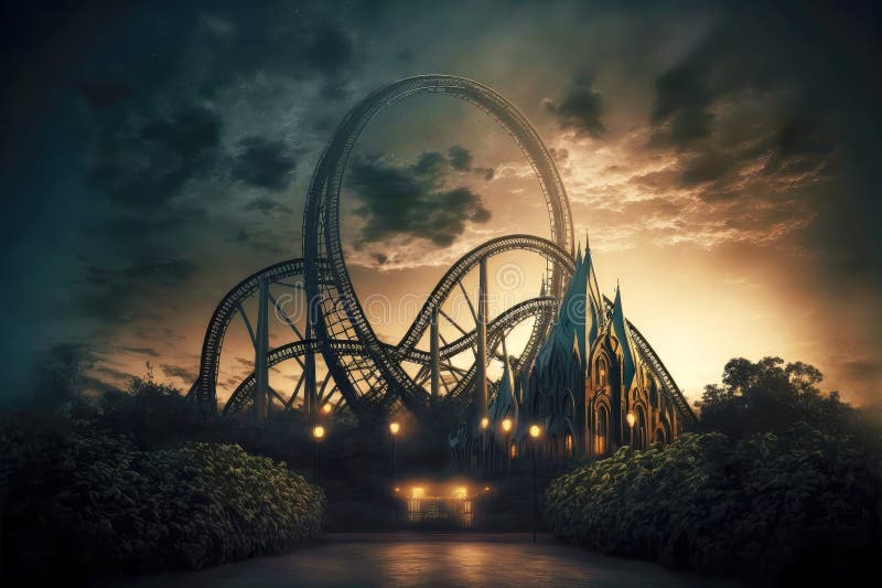 Cool Roller Coaster in Amusement Park in Evening Stock Illustration ...