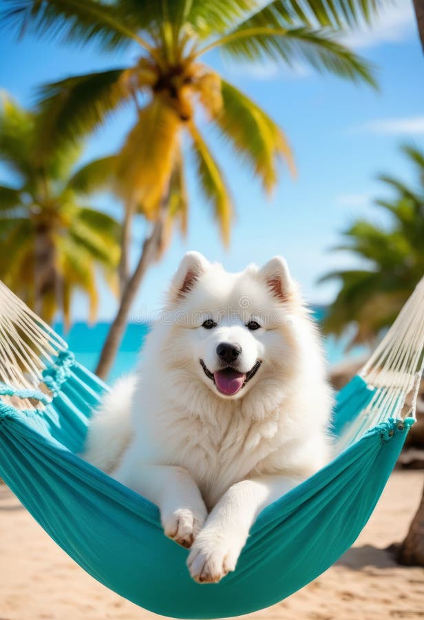 A Cool Samoyed Lying on a Hammock between Two Palm Trees on a Quiet Day ...