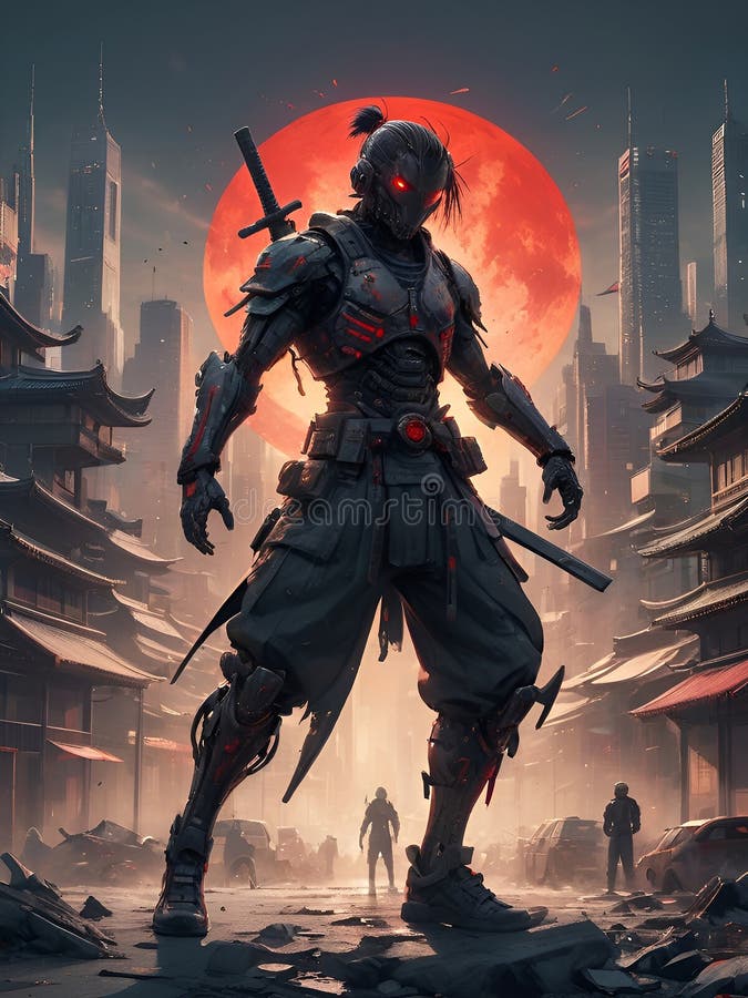 A Cool Samurai Warrior with a Sword is Posing in the Middle of the City ...