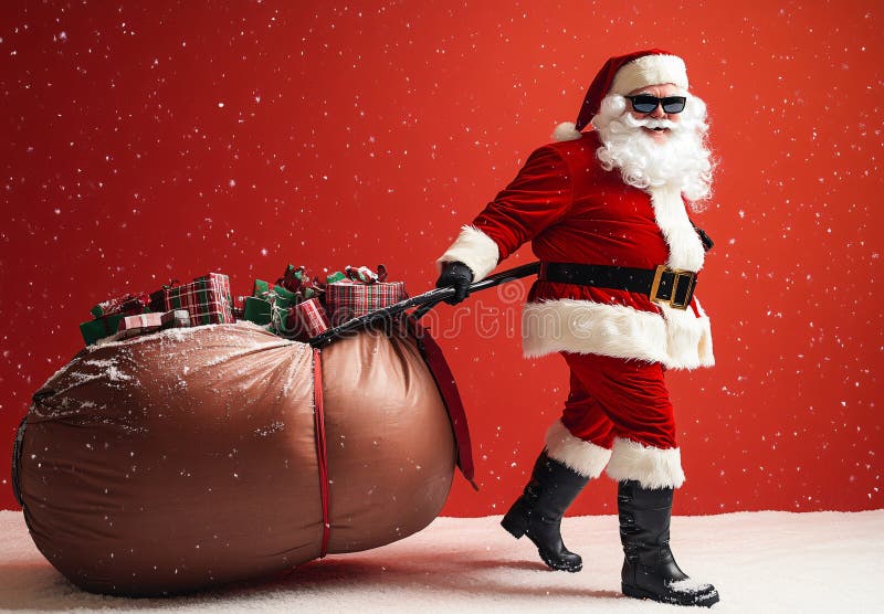 Cool Santa Claus Pulling Huge Gift Sack on Snowy High Quality Image ...