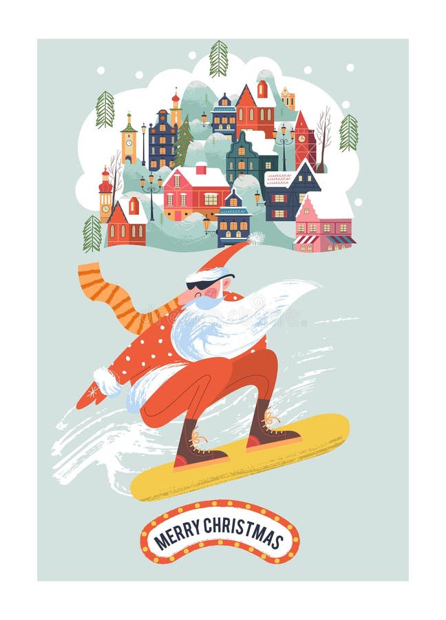 Cool Santa on a Snowboard. Vector Christmas Card Stock Vector ...