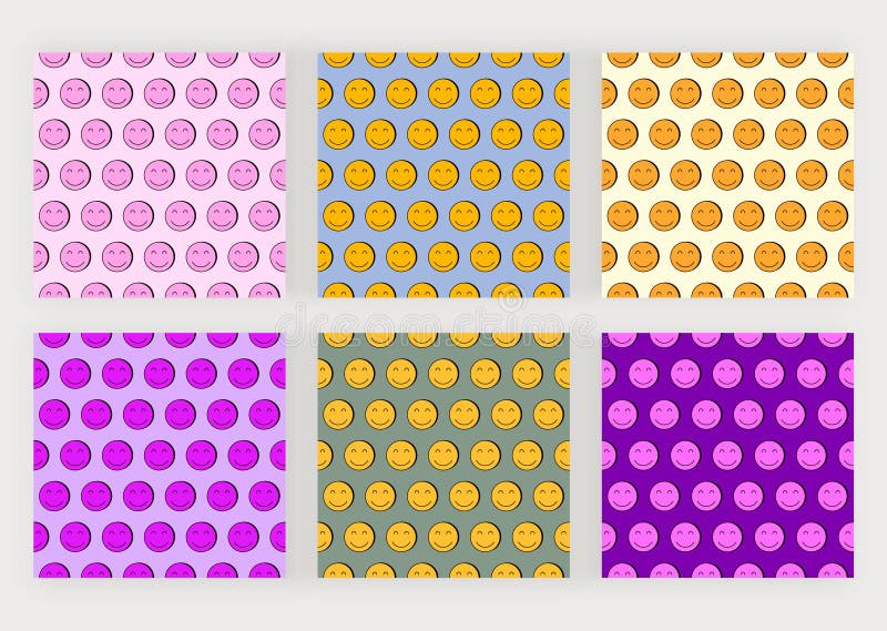 Cool Seamless Patterns with Smiling Faces on Pink, Blue, Purple, Yellow ...