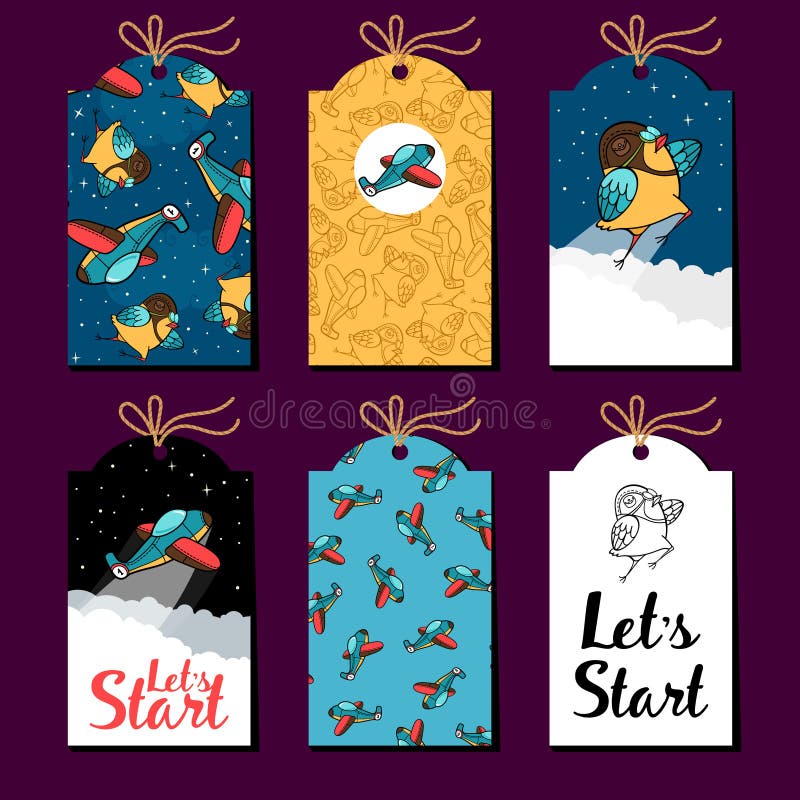 Cool Set of Tags with Pilot Bird and Cute Plane Stock Vector ...