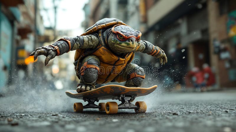 Turtle with Skateboard and Backpack Cruising through the City Stock ...