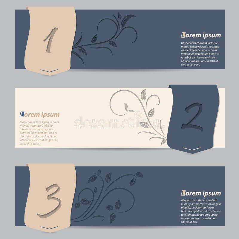 Cool Slate Blue Banners with Ribbons and Floral Elements Stock Vector ...