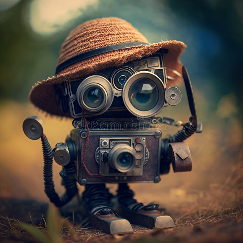 A Cool Standing Robot Wearing Glasses and a Hat Holding a Camera Poses ...