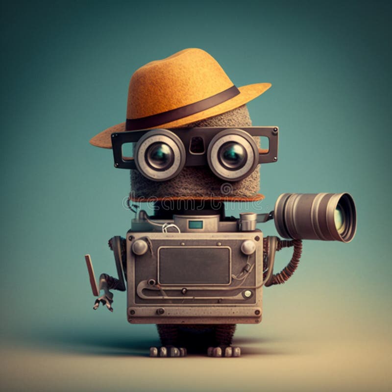 A Cool Standing Robot Wearing Glasses and a Hat Holding a Camera Poses ...