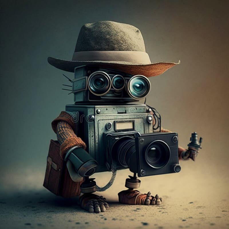 A Cool Standing Robot Wearing Glasses and a Hat Holding a Camera Poses ...