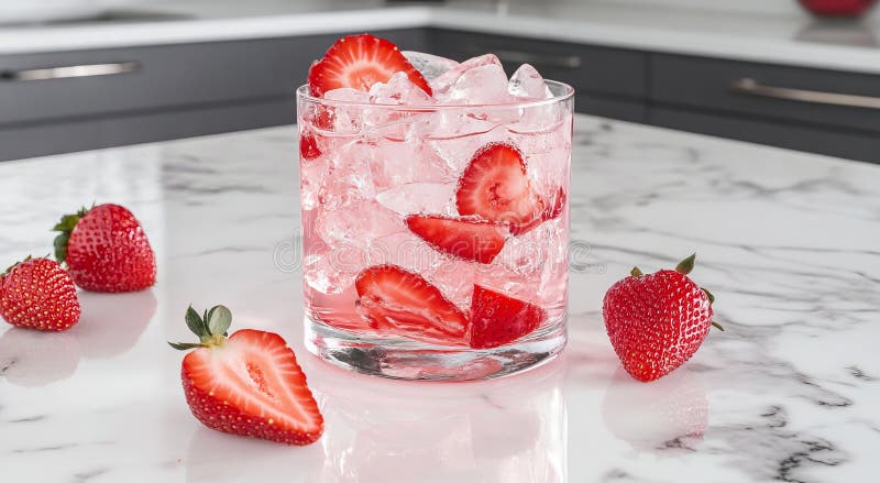 A Cool Strawberry Summer Beverage with Ice Cubes on a Sunny Kitchen ...