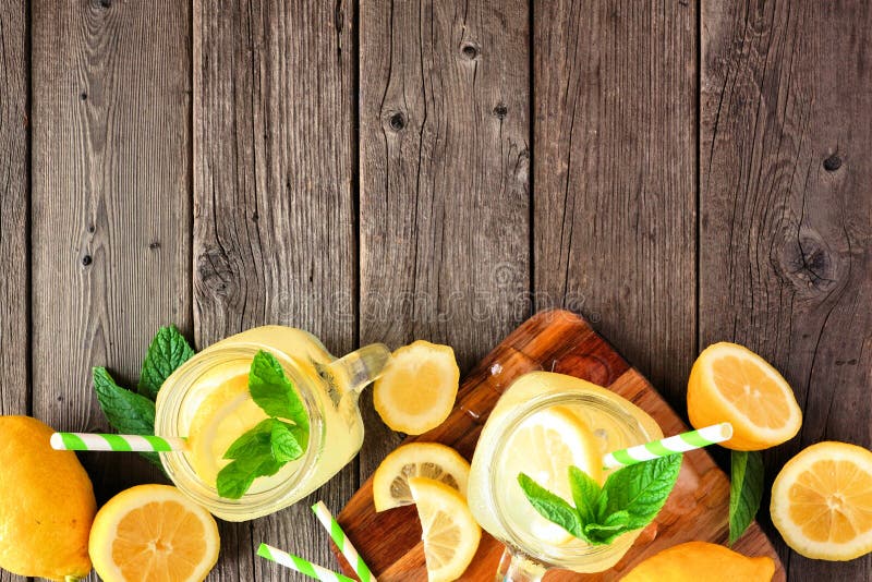Summer Lemonade, Top View, Side Border on Blue Wood Stock Photo - Image ...