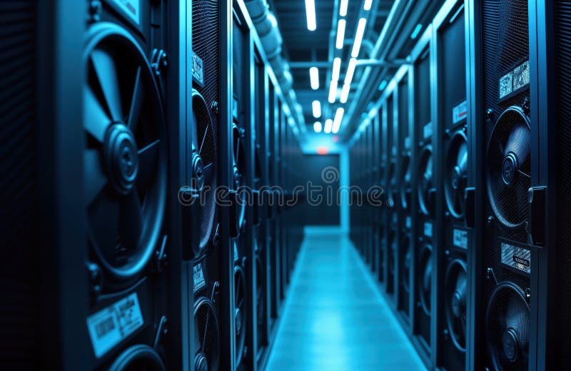 Cool Tech Data Center. Rows of Servers with Big Cooling Fans. Critical ...