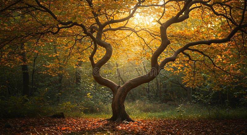 A Cool Unusual Tree with Twisting Branches and Glowing Leaves in Golden ...