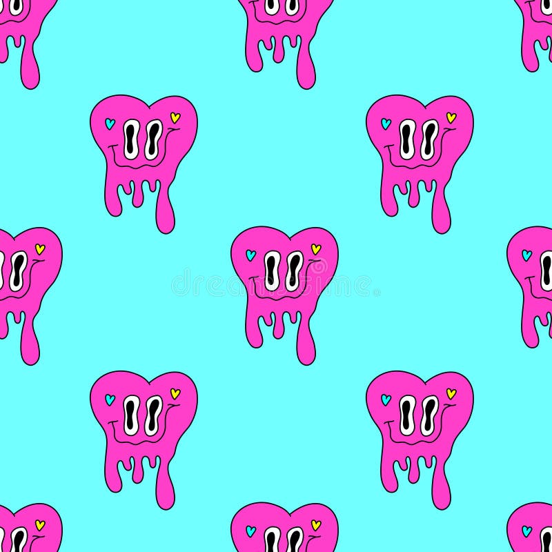 Cool Vector Pattern with a Dripping Heart and a Smile on a Neon Blue ...
