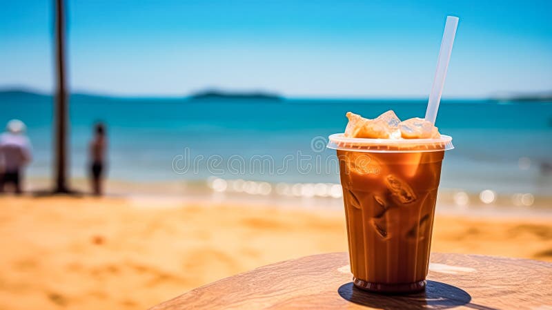 Iced Coffee Sits Enticingly on a Cafe Table with a Beach Backdrop Stock ...