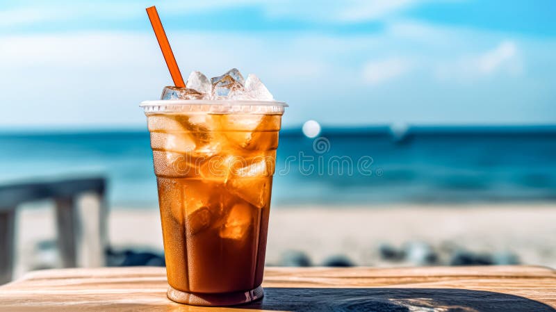Iced Coffee Sits Enticingly on a Cafe Table with a Beach Backdrop Stock ...