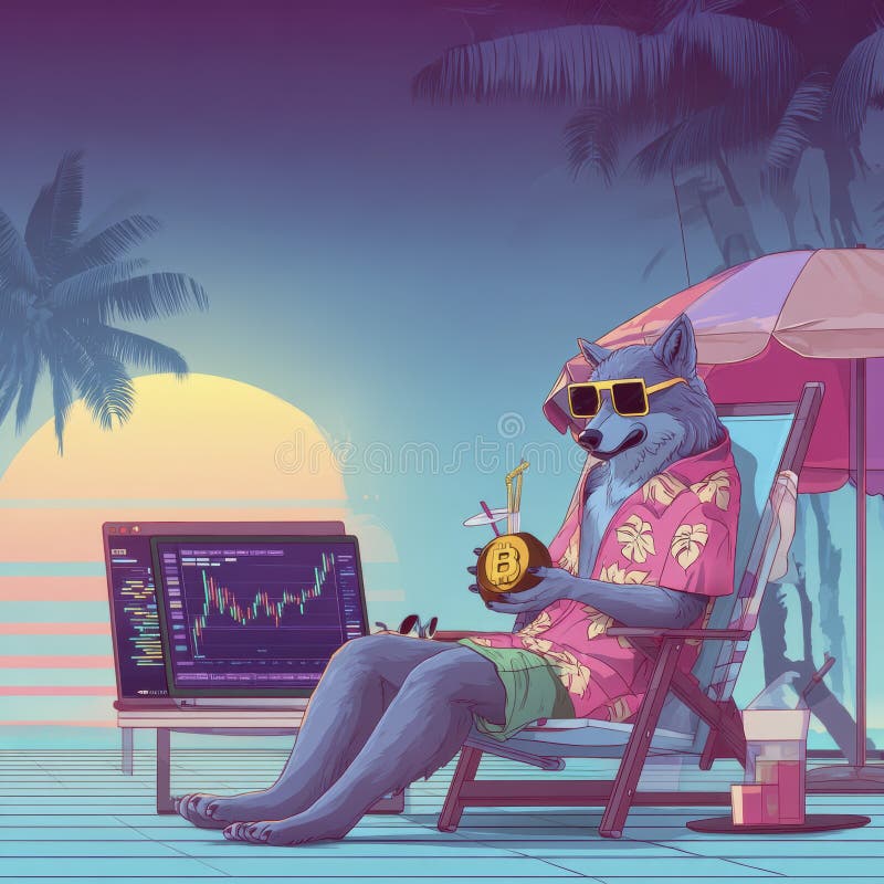 Cool Wolf Character Relaxing on the Beach with a Computer, Stylish ...
