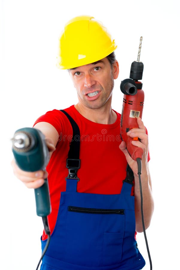Cool Worker with Two Drills Stock Photo - Image of handyman, helmet ...