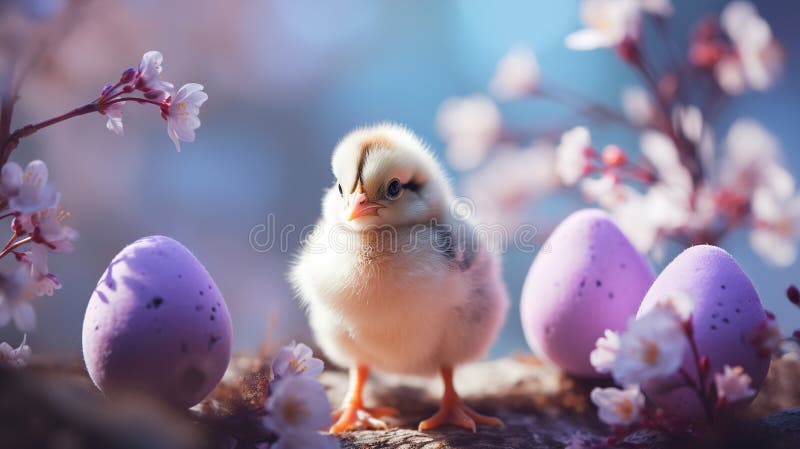 Cool Yellow Chicken among Spring Flowers and Bright Easter Eggs Stock ...