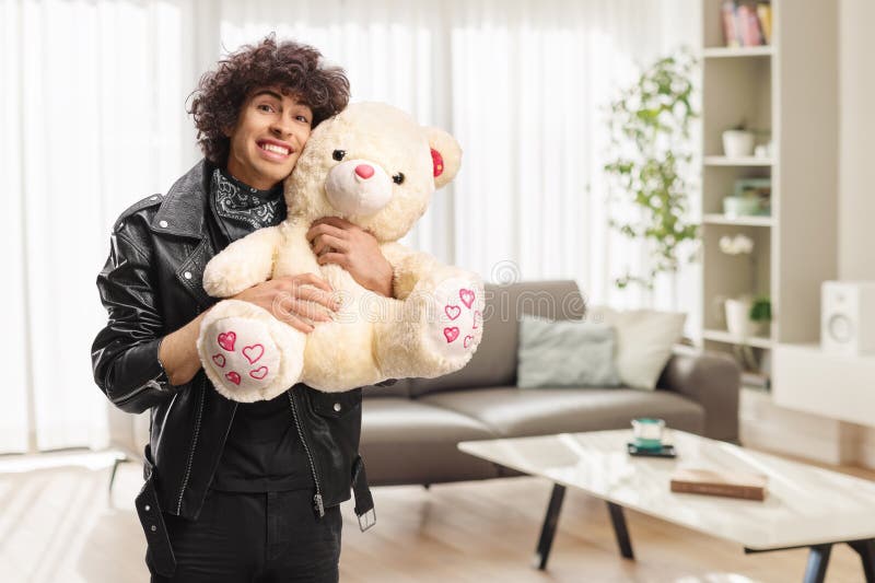 Cool Young Man Hugging a Teddy Bear Stock Image - Image of adult, soft ...