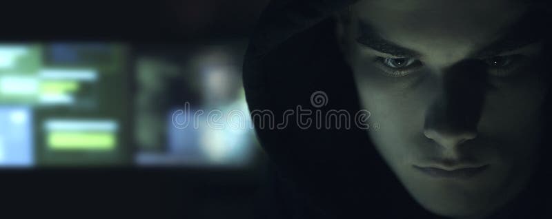 Cool Your Hacker Portrait in the Dark Stock Photo - Image of programmer ...