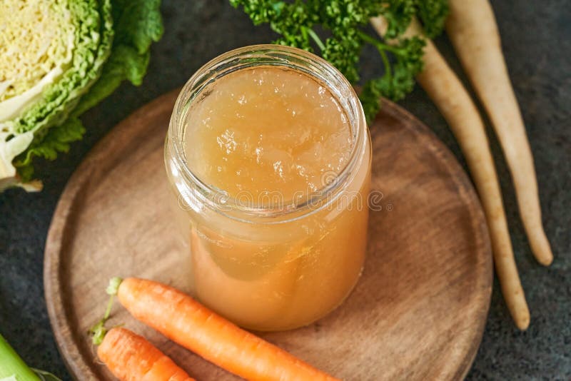 Cooled Down Congealed Beef Bone Broth in a Glass Jar Stock Photo ...