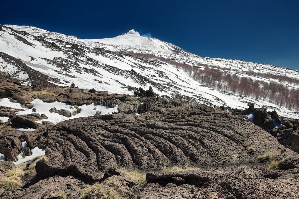 Cooled Lava Flow Ropy Surface and Winter Etna Volcano Stock Image ...