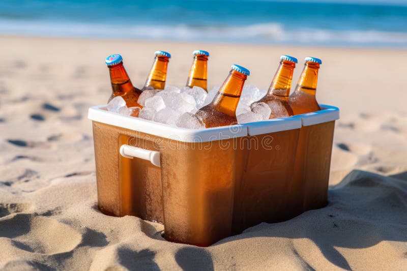 Cooler Container Filled with Ice and Beer on Beach Sand, Ocean Waves ...