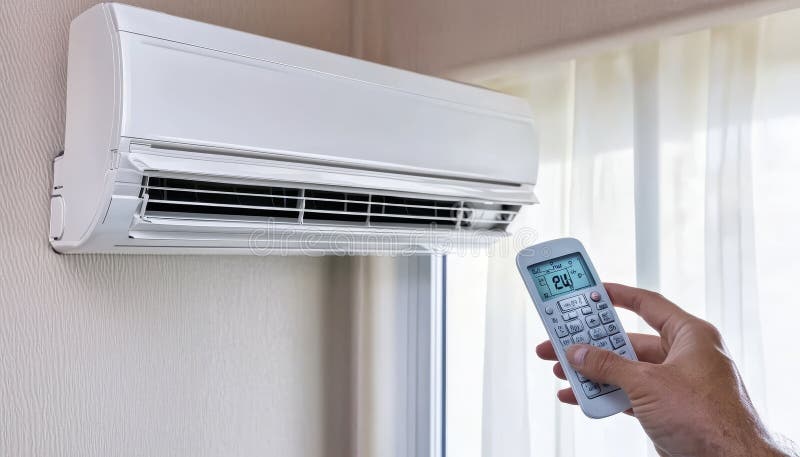 Cooling Down Man Adjusting AC Temperature with Remote Control. Summer ...