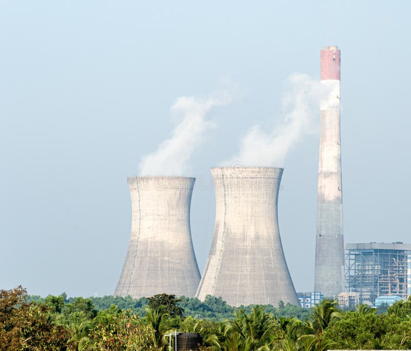 Cooling Towers and Chimney of Thermal Power Plant Stock Photo - Image ...