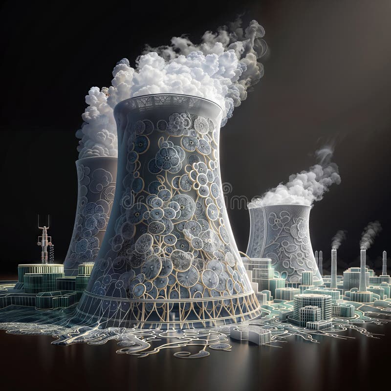 Cooling Towers of Nuclear Power Plant on Dark Background. 3D Rendering ...