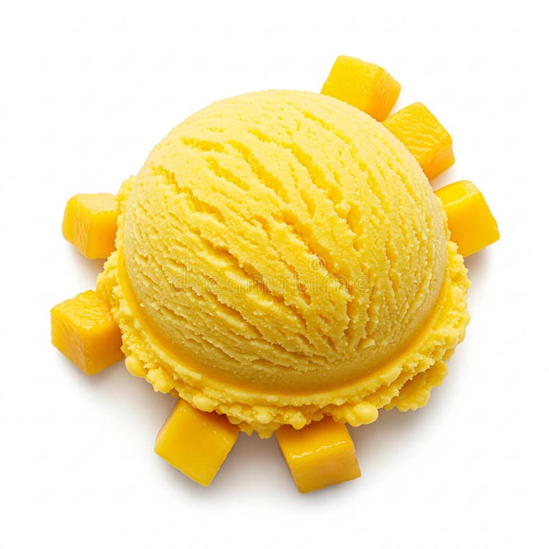 Coop of Bright Yellow Mango Ice Cream Decorated with Fresh Mango Cubes ...