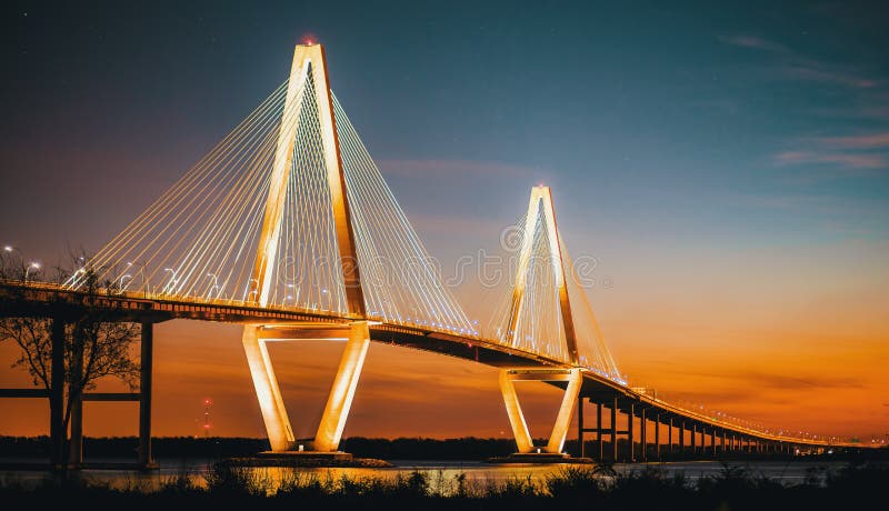Cooper River Bridge at Night in South Carolina Stock Image - Image of ...