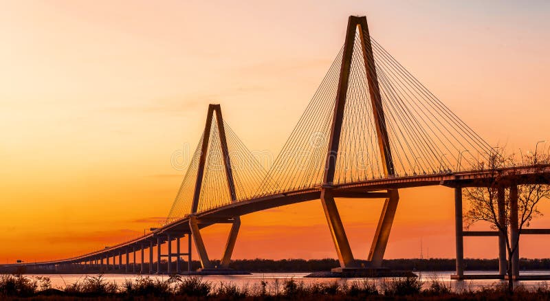 Cooper River Bridge at Night in South Carolina Stock Image - Image of ...