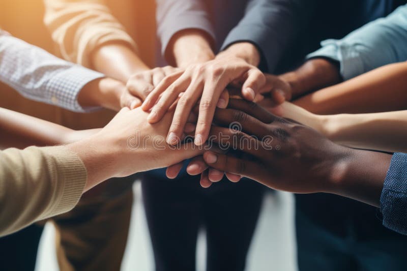 Cooperative People Putting Hands Together Indoors Unity. Generate Ai ...
