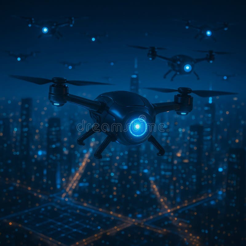 AI Drone Swarm Monitoring Futuristic Smart City Stock Illustration ...