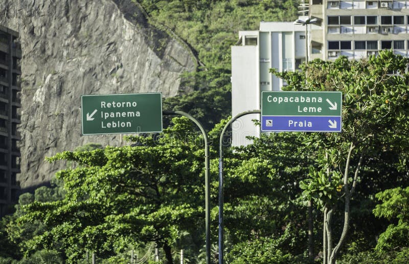 Copacabana Direction Road Sign in Rio De Janeiro Stock Photo - Image of ...