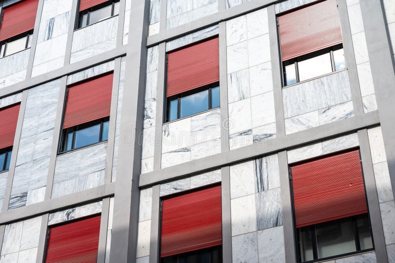 Copenhagen, Denmark - Abstract Patterns of Red Windows and Shutters in ...