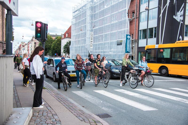 Copenhagen, Denmark â€“ August, 17: Cyclists Wait for the Green Light ...