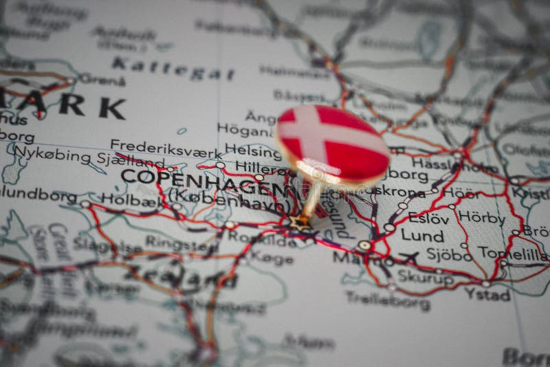 Copenhagen Pinned on a Map with the Flag of Denmark Stock Image - Image ...