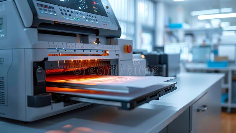 Copier Printer in Action, Closeup of Paper Tray, Printing Process, Room ...