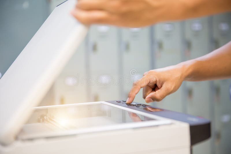 Close Up Hand Office Man Press Copy Button on Panel To Using the Copier ...