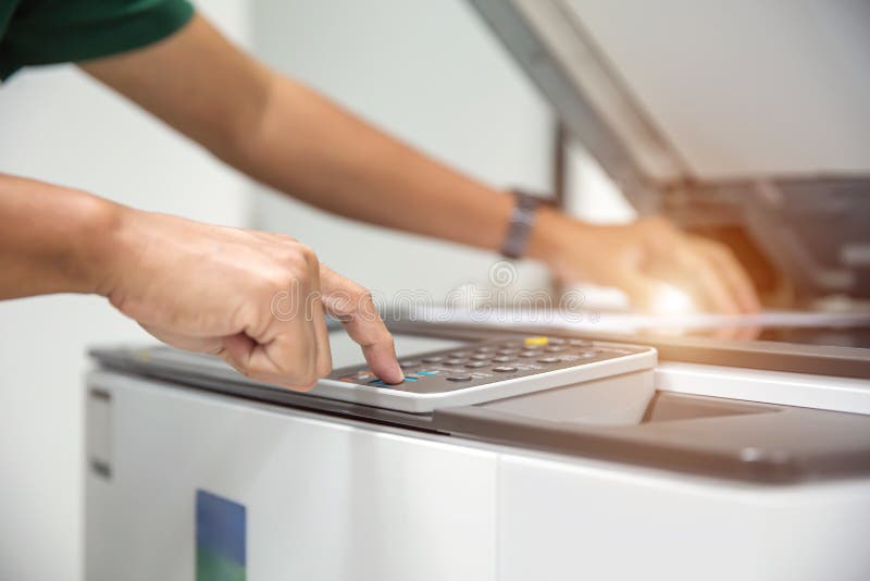 Close Up Hand Office Man Press Copy Button on Panel To Using the Copier ...