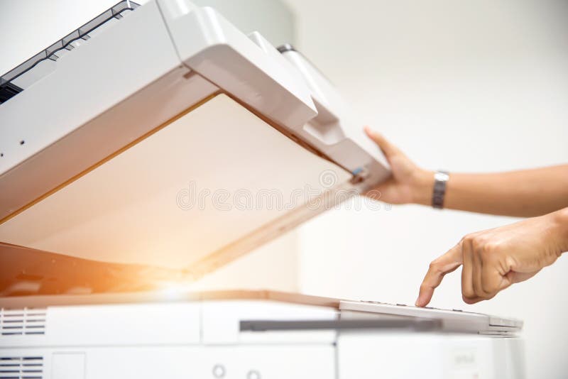 Close Up Hand Office Man Press Copy Button on Panel To Using the Copier ...