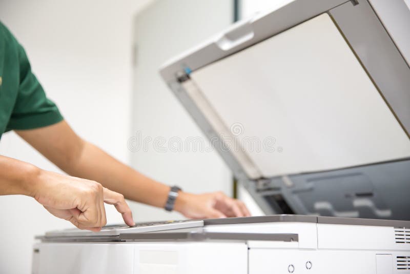 Close Up Hand Office Man Press Copy Button on Panel To Using the Copier ...