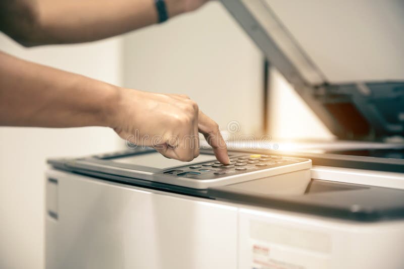 Close Up Hand Office Man Press Copy Button on Panel To Using the Copier ...