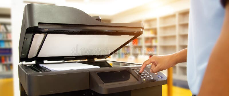Close Up Hand Office Man Press Copy Button on Panel To Using the Copier ...