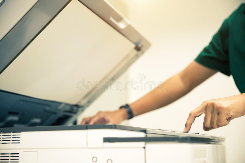 Close Up Hand Office Man Press Copy Button on Panel To Using the Copier ...