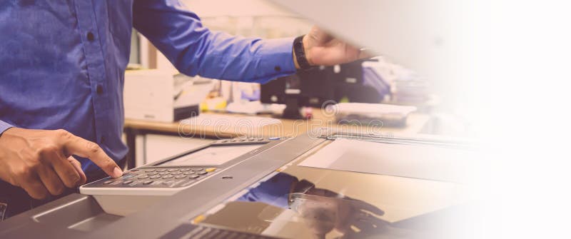 Close Up Hand Office Man Press Copy Button on Panel To Using the Copier ...